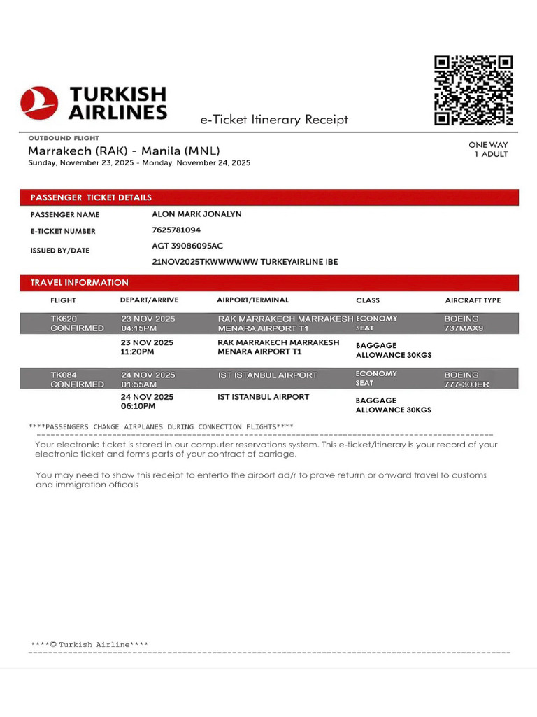 Turkish Airlines E-Ticket Confirmed. | PDF