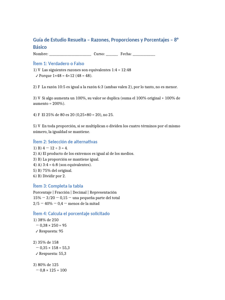 Guía de Razones y Porcentajes 8° Básico | PDF | Porcentaje | Números