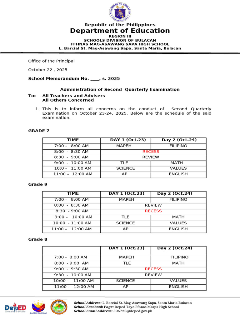 Memo - Exam Schedule | PDF | Republic | Southeast Asia