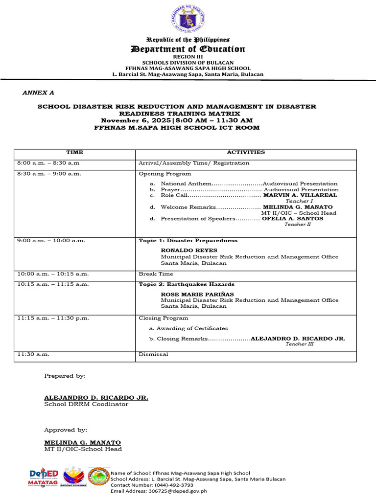 School Disaster Risk Reduction and Management in Disaster Readiness ...