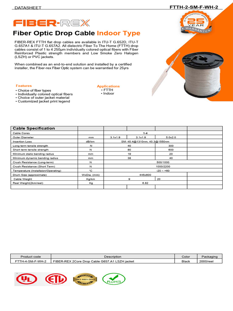 Indoor Fiber Optic Drop Cable Datasheet | PDF