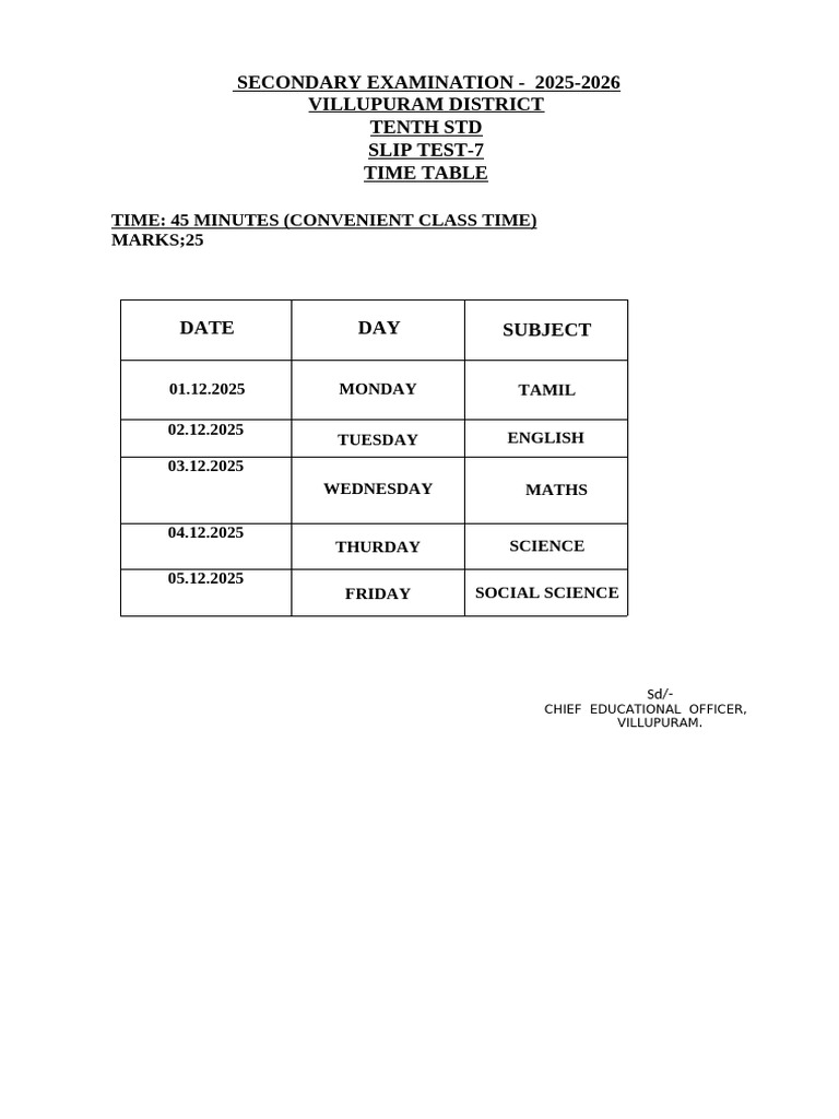 Slip Test 7 Time Table | PDF