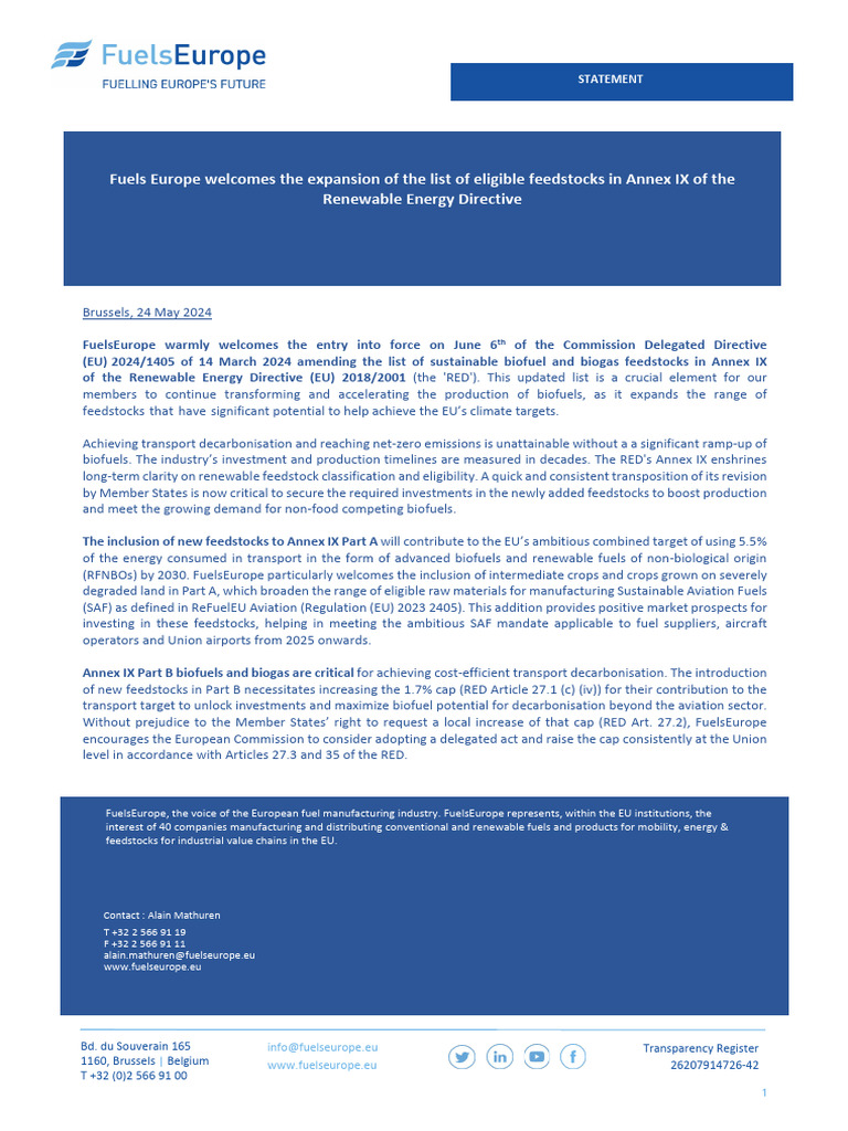 V2 FuelsEurope Statement Annex IX OJEU - May 2024 | PDF | Biofuel ...