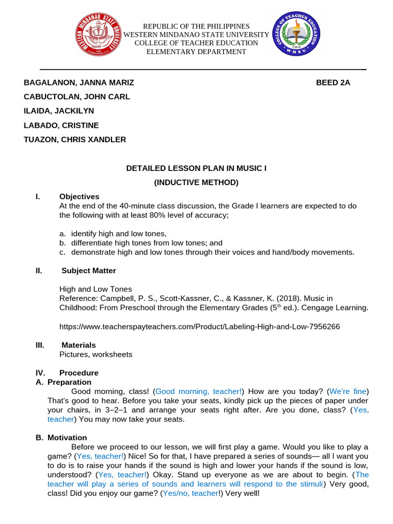 Detailed Music Lesson Plan for Grade I | PDF | Teachers | Lesson Plan