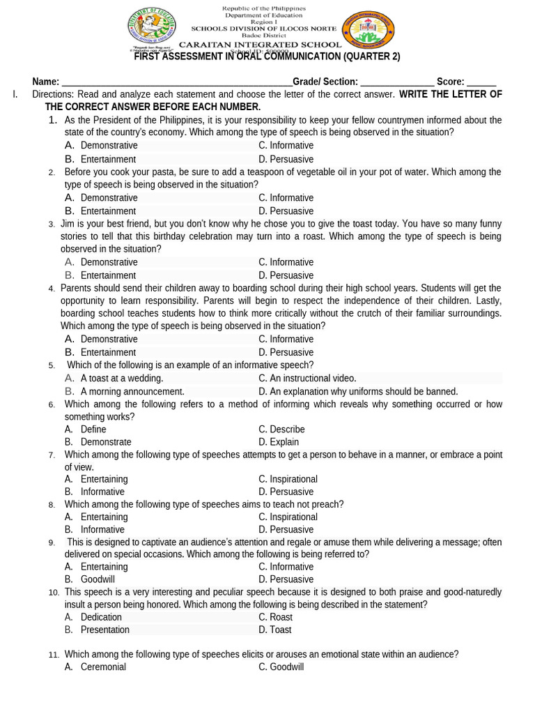 First Assessment in Oral Communication - q2 | PDF | Psychological ...