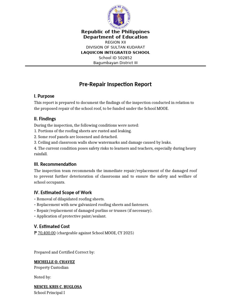 Laquicon School Pre-Repair Inspection Report | PDF | Electrical Wiring ...
