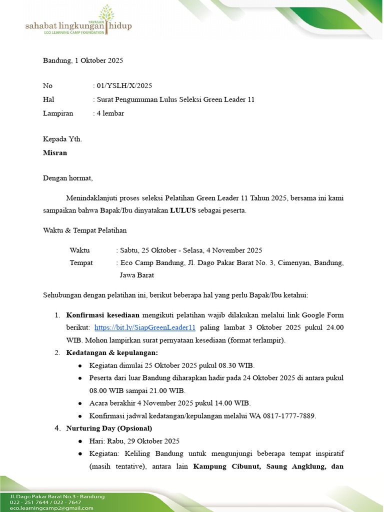 001 GL 11 Misran - Surat Pengumuman Lulus Seleksi GL11.Docx | PDF