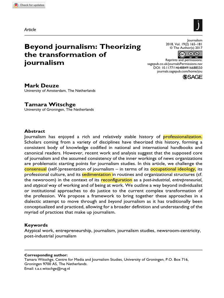 Deuze Witschge 2017 Beyond Journalism Theorizing The Transformation of ...