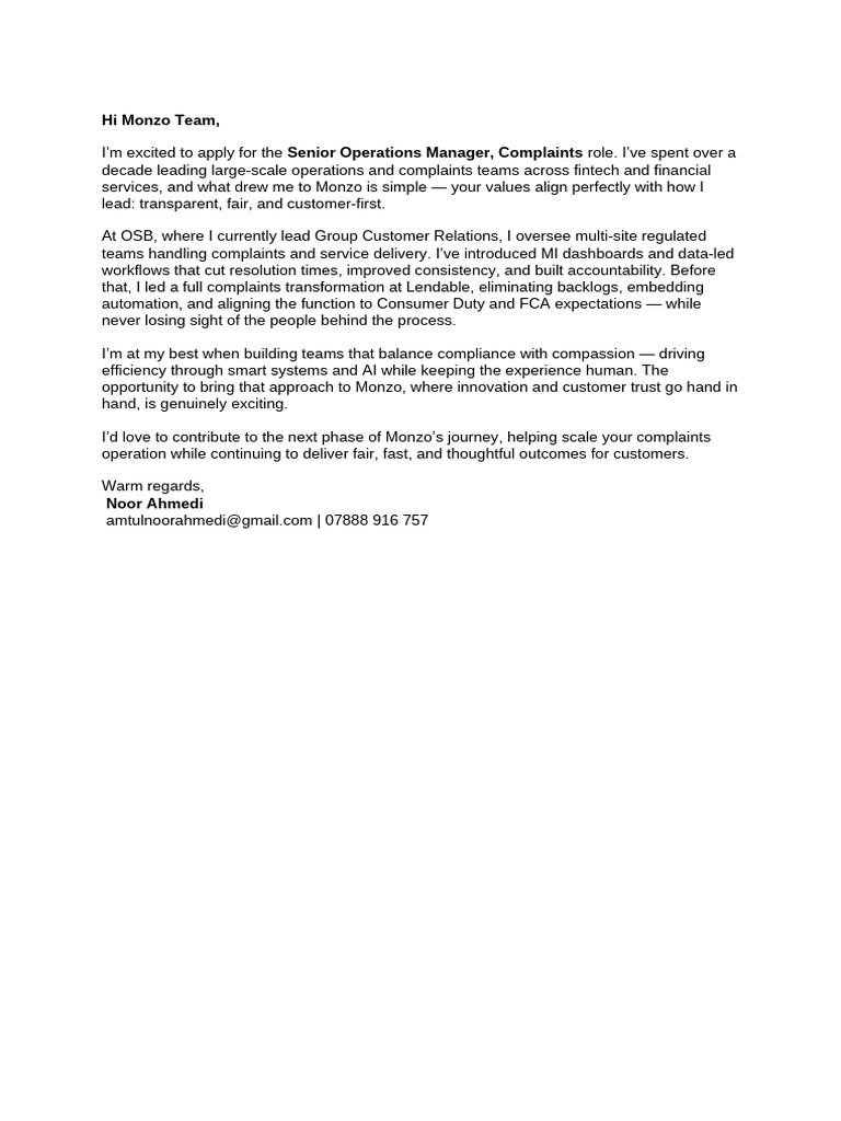 Cover Letter - Monzo | PDF