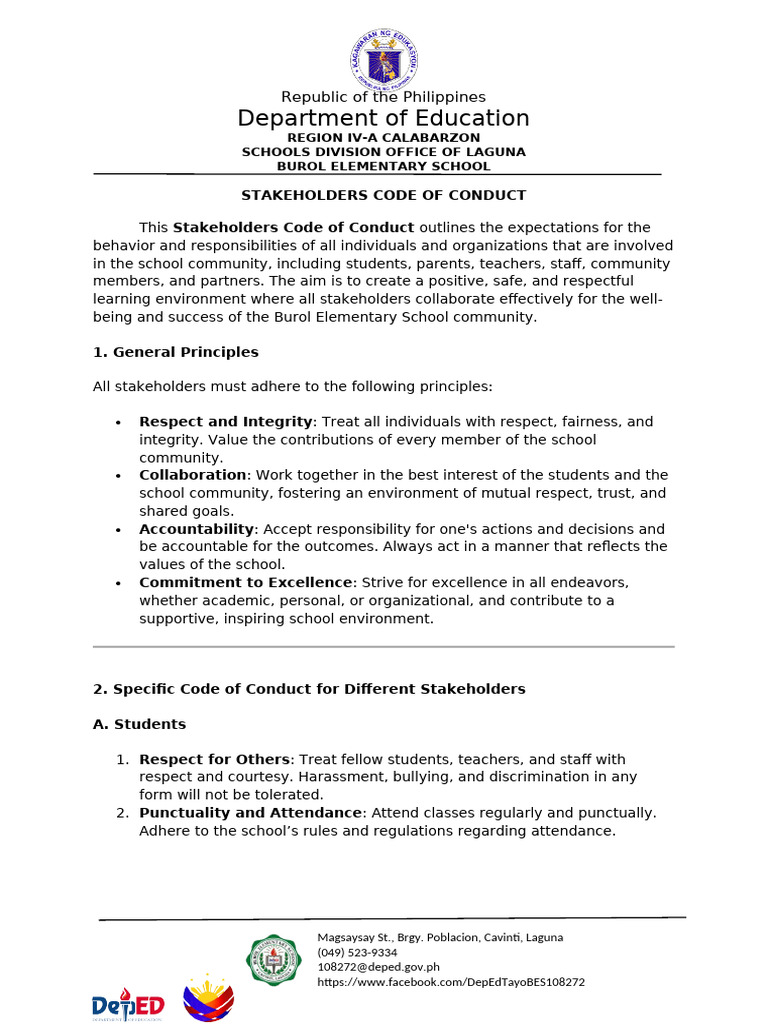 Burol Elementary School Code of Conduct | PDF | Leadership | Teachers