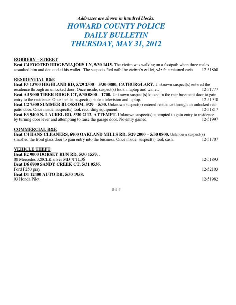 Police Daily Crime Bulletin 20120531 | PDF