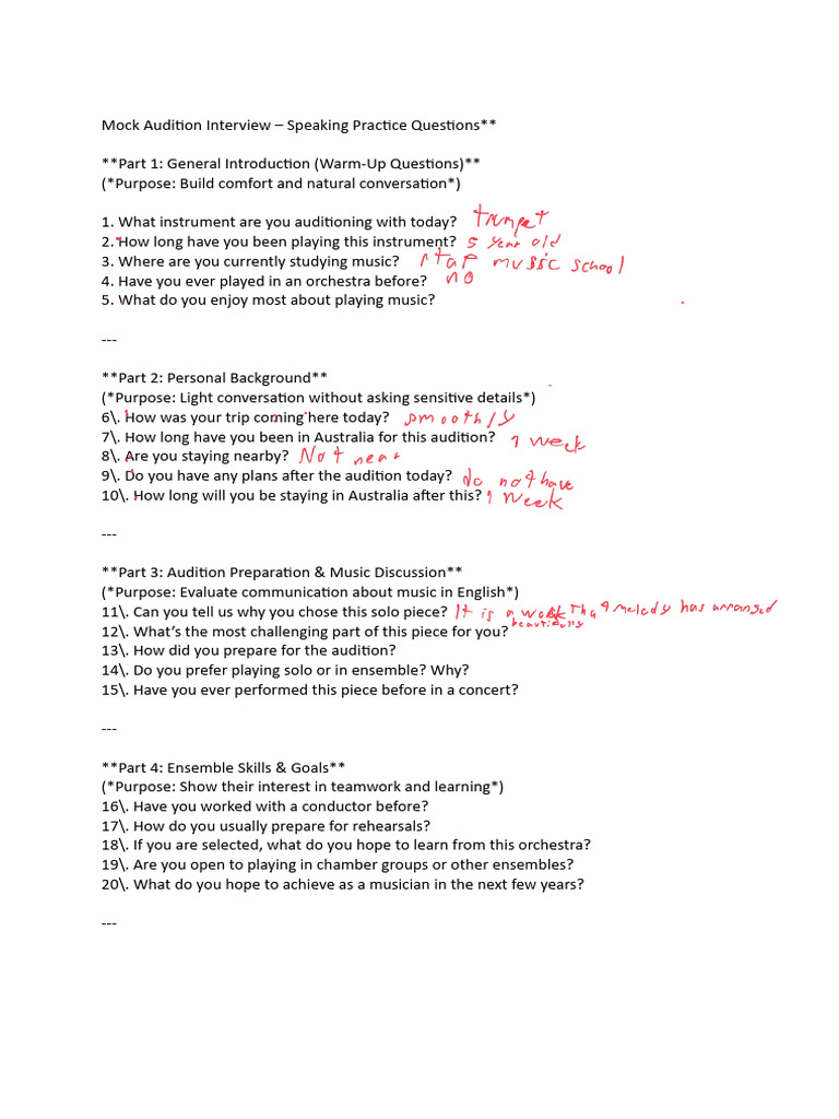 Mock Audition Interview Questions Guide | PDF