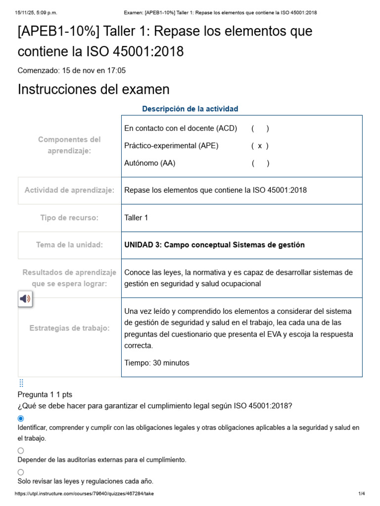 Examen - (APEB1-10%) Taller 1 - Repase Los Elementos Que Contiene La ISO 45001 - 2018 | PDF ...
