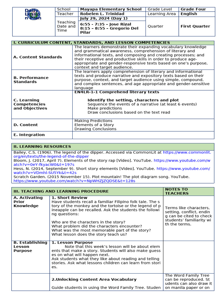 Q1-WEEK 1-English 4 - Lesson Exemplar Template - SY 2024-2025 | PDF | Reading Comprehension ...
