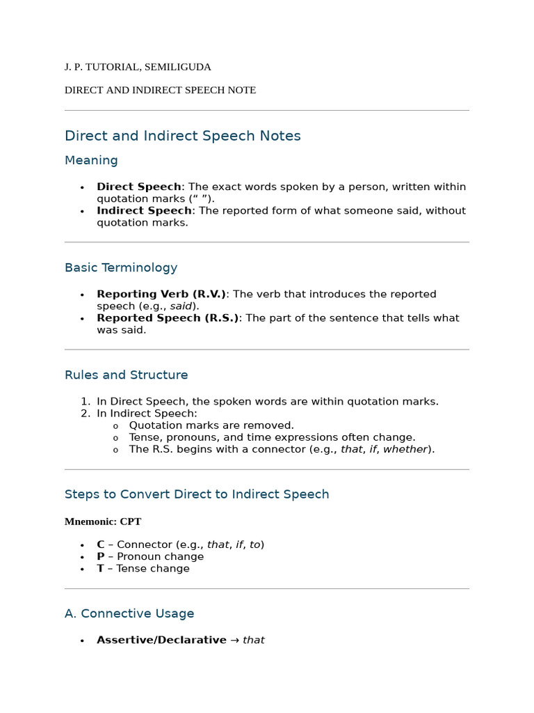 Direct and Indirect Speech Guide | PDF | Grammatical Tense | Question