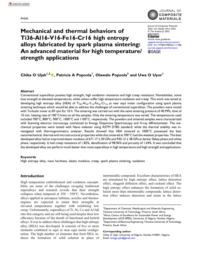 Ujah Et Al 2022 Mechanical and Thermal Behaviors of Ti36 Al16 v16 Fe16 ...