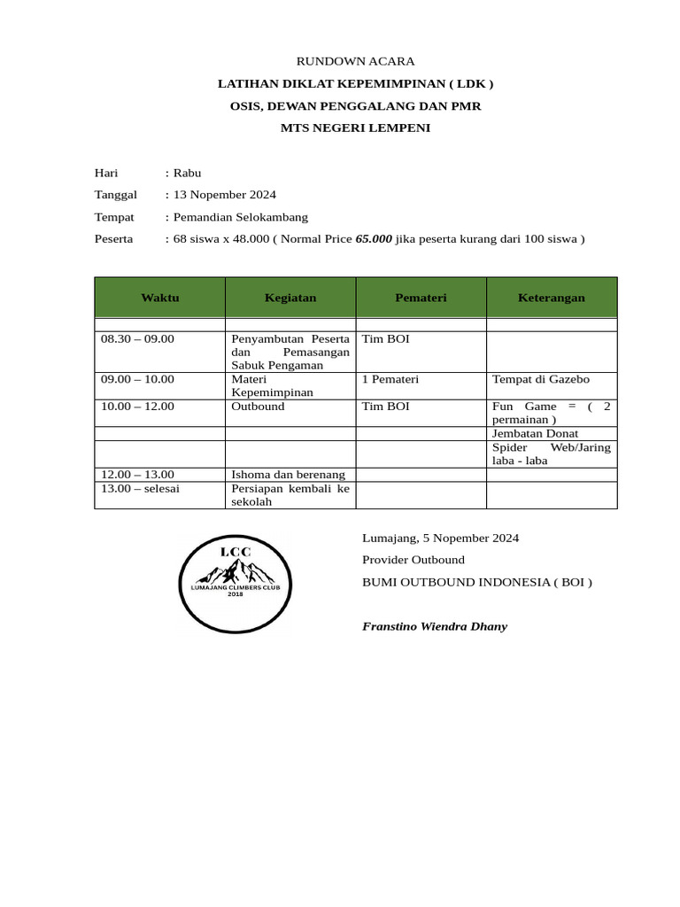 Rundown LDK OSIS MTS Negeri Lempeni | PDF