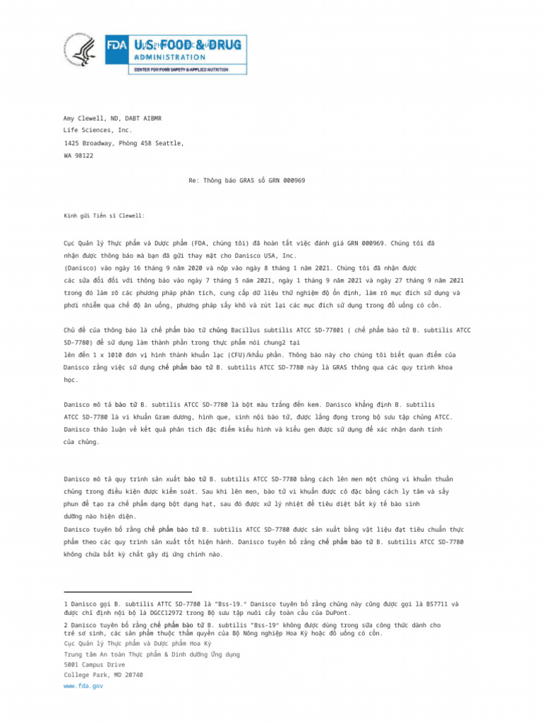GRAS Notice 969 Agency Response Letter | PDF