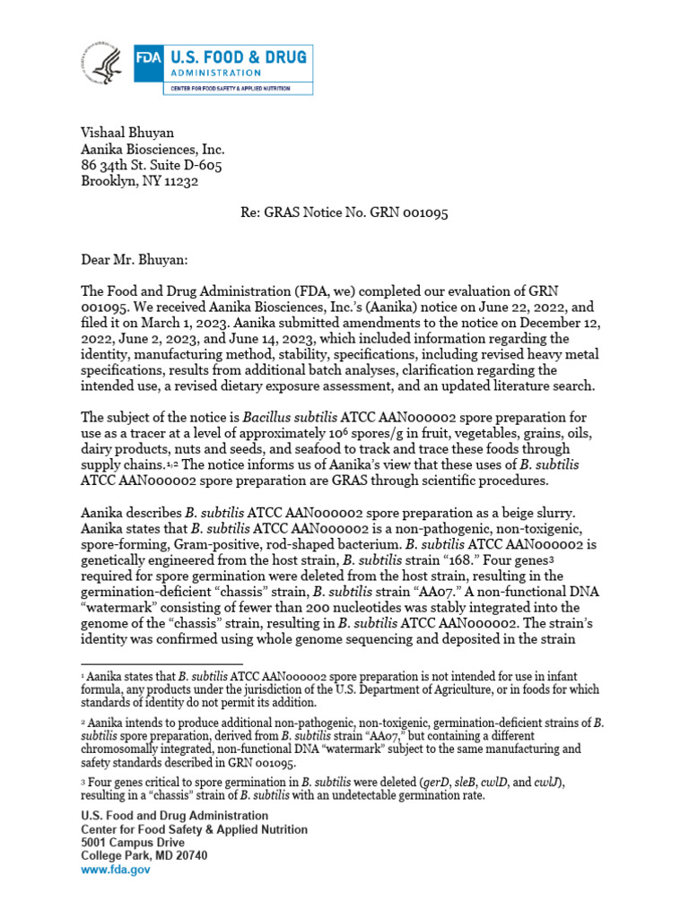 Gras Notice Grn 1095 Agency Response Letter | PDF | Biotechnology ...