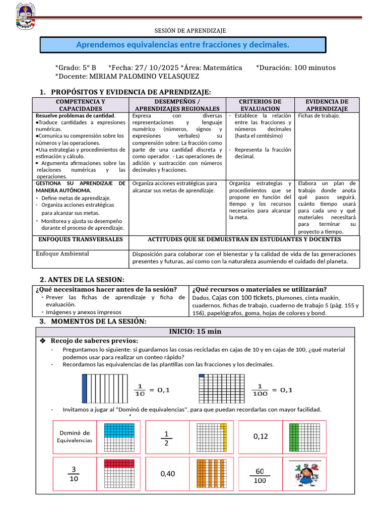 SESION LUNES 27 OCT-MATE-Aprendemos Equivalencias Entre Fracciones y ...