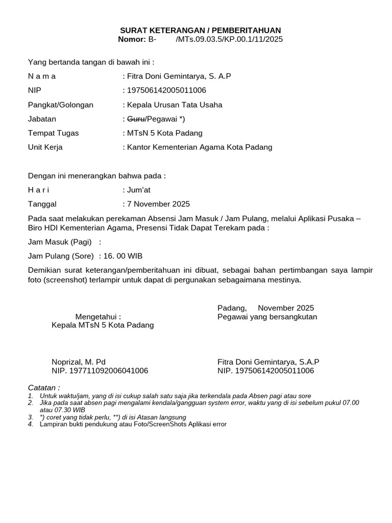 Contoh Surat Keterangan Tidak Absensi Pusaka Erorr-1 | PDF