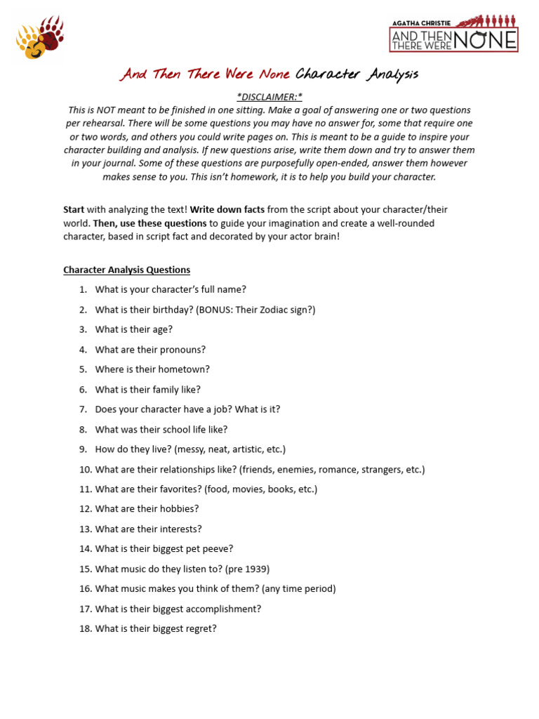 Character Analysis Guide for "And Then There Were None" | PDF