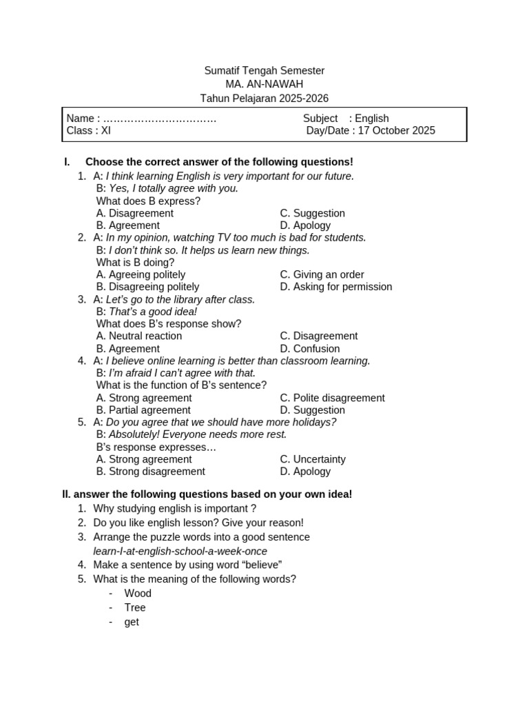 English Midterm Exam for Class XI | PDF