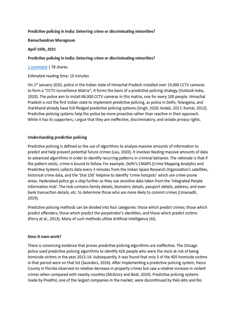 Predictive Policing in India: Bias and Efficacy | PDF | Crimes | Crime ...