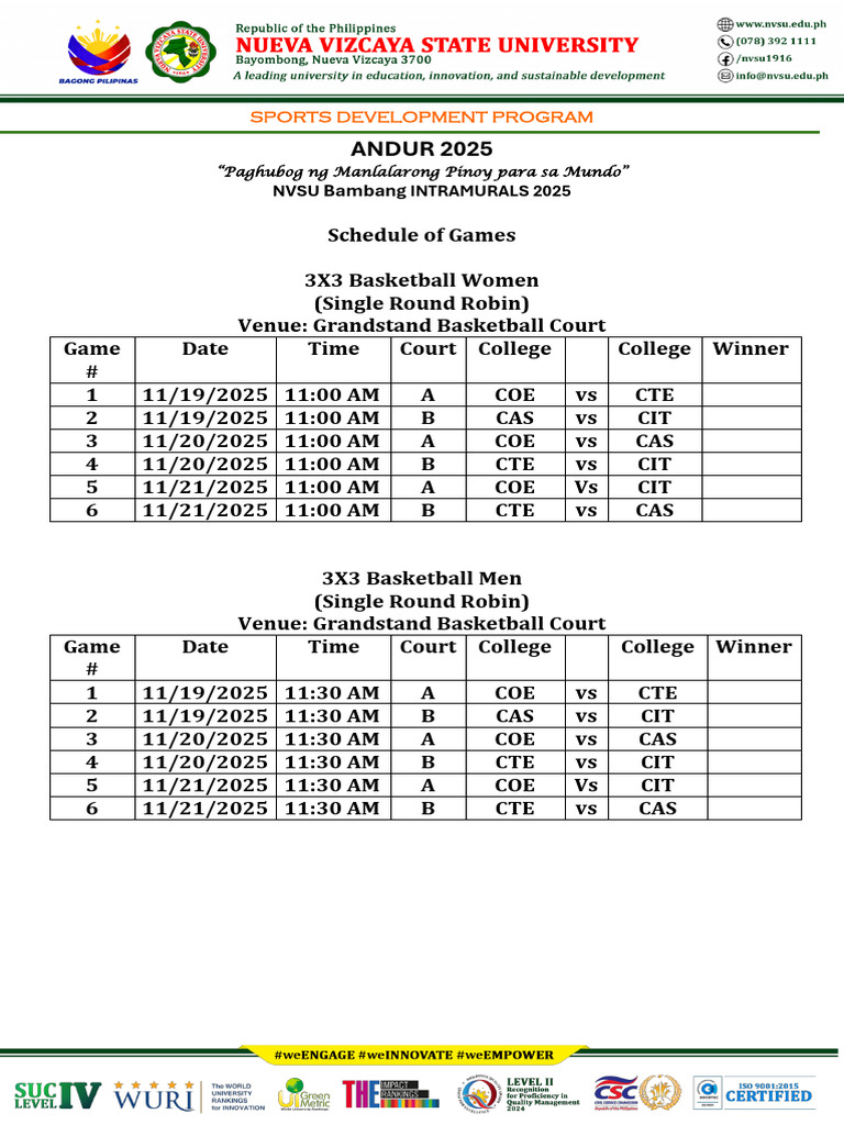 NVSU Intramurals 2025 Game Schedule | PDF | Sports Competitions | Ball ...