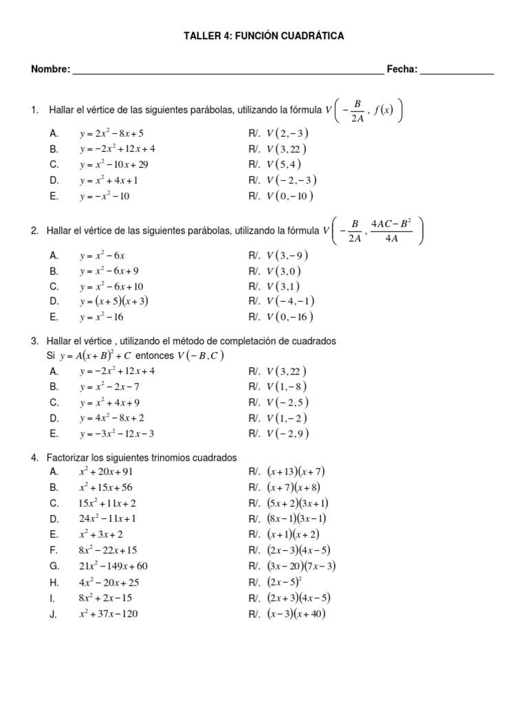 Taller Funcion Cuadratica | PDF | Enseñanza de matemática | Ajedrez