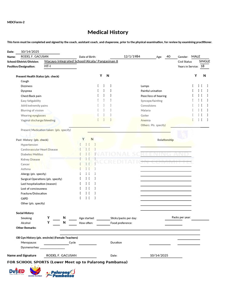 Medical History Form for Coaches | PDF | Medical Specialties | Clinical ...
