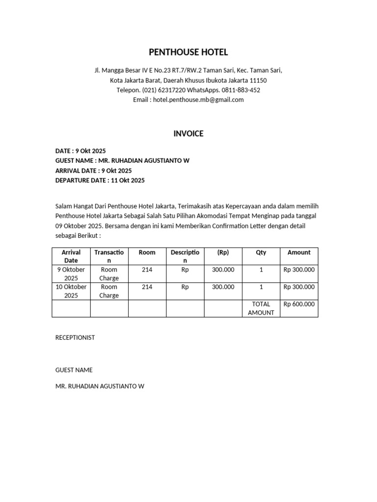 Penthouse Hotel Invoice | PDF
