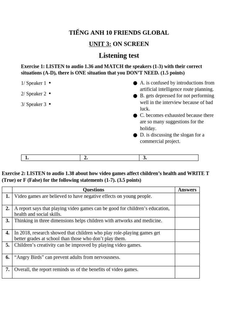 Friends Global 10 - Unit 3 - Listening Test | PDF