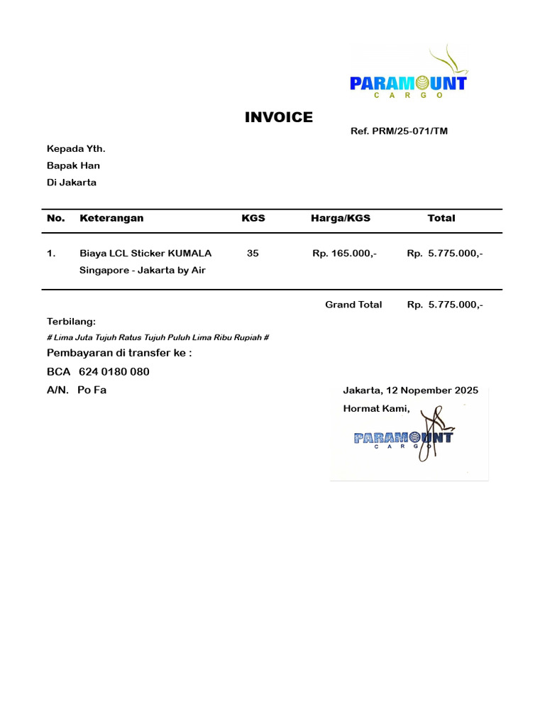 Invoice PVC Sticker Kumala by Air 35 Kgs | PDF