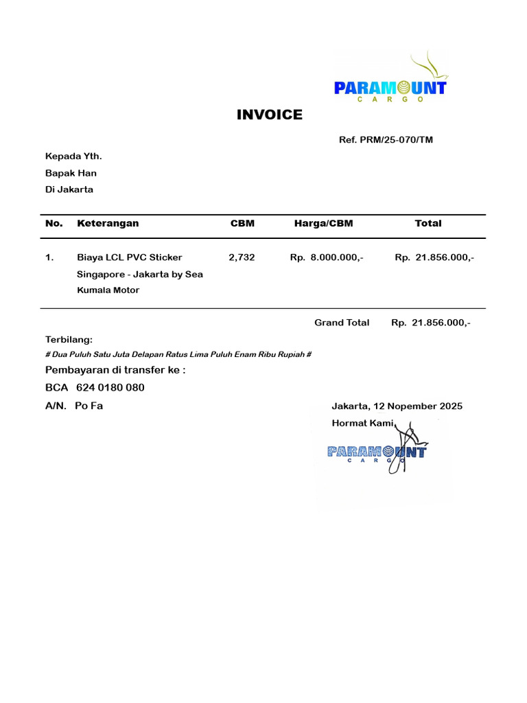 Invoice PVC Sticker Kumala by Sea 2,732 CBM | PDF