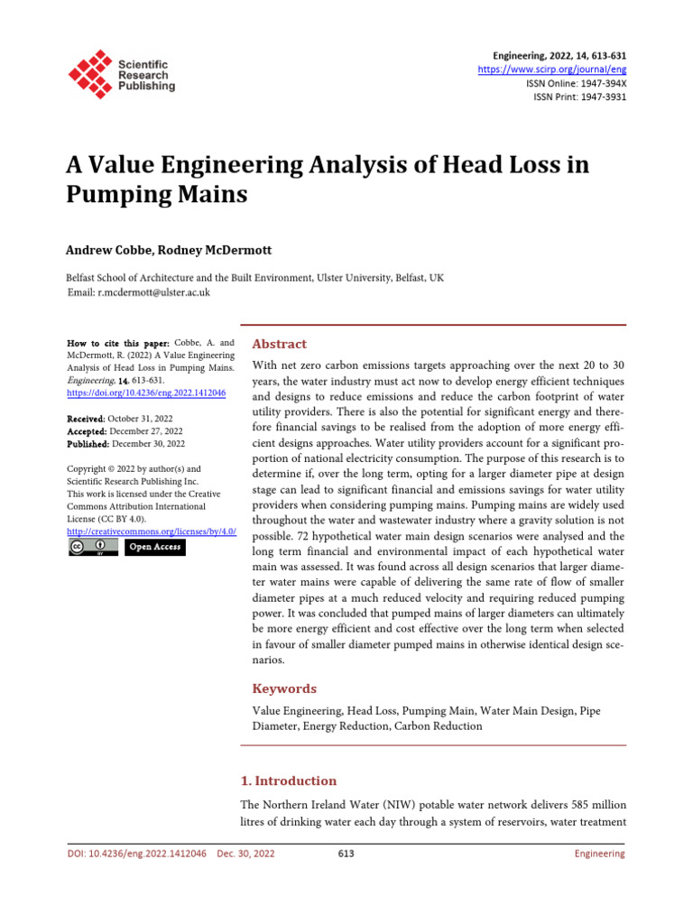 A Value Engineering Analysis of Head Loss in | PDF | Climate Change ...