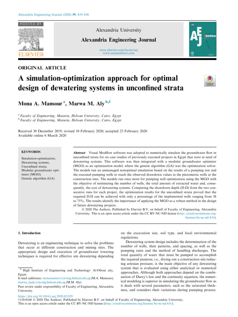 A Simulation Optimization Approach for Optimal Design of Dewatering Systems in Unconfined Strata ...