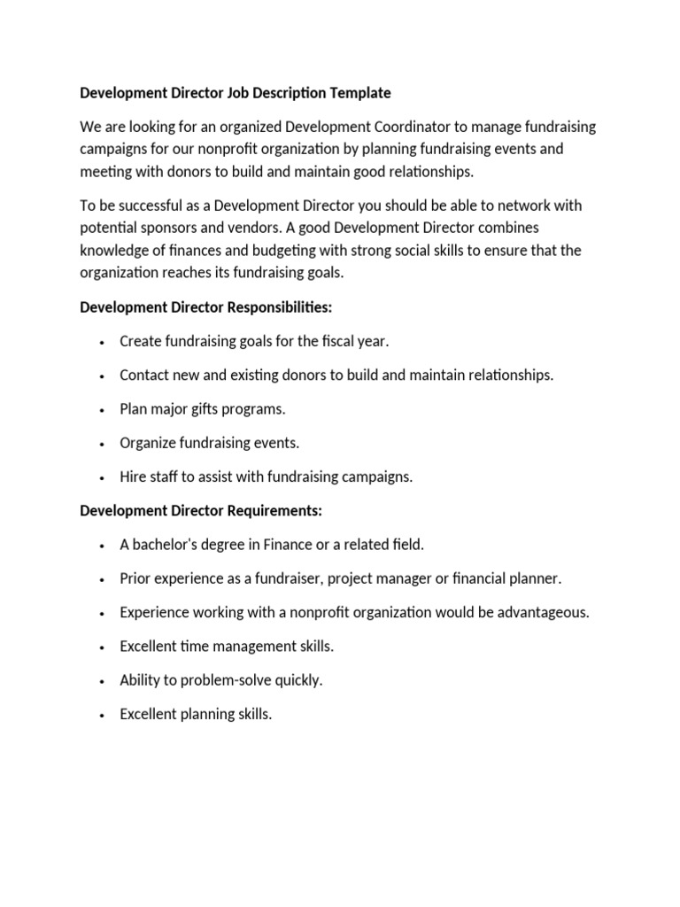Development Director Job Description Template | PDF