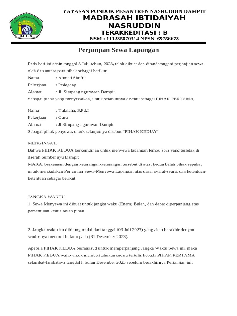 Perjanjian Sewa Lapangan Dampit 2023 | PDF
