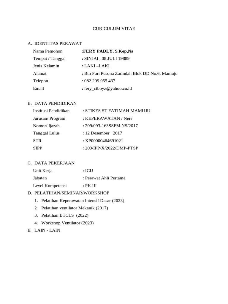 Biodata Fery Padly m., s.kep., Ns. | PDF