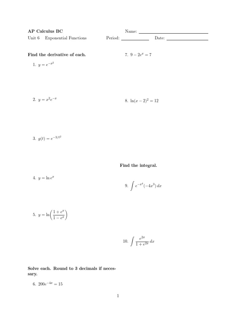 AP Calc BC Exponential Functions WS | PDF | Derivative | Subtraction