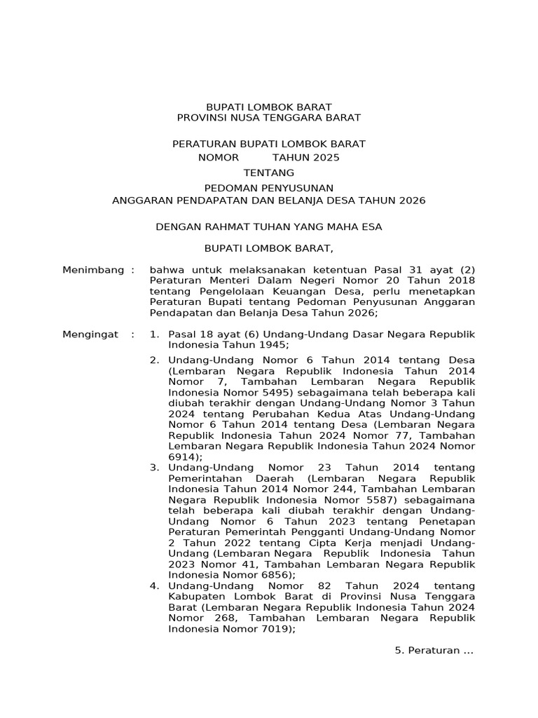 Perbup 2025 - Pedoman Penyusunan APB Desa 2026 | PDF