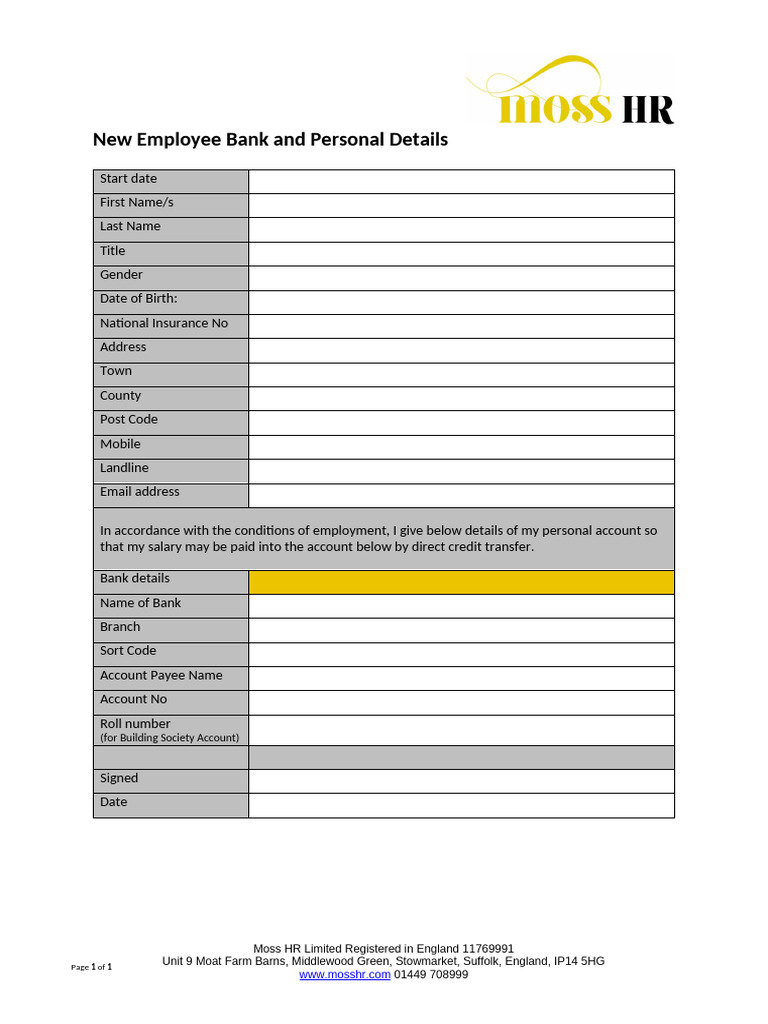 New Employee Bank and Personal Details Form | PDF