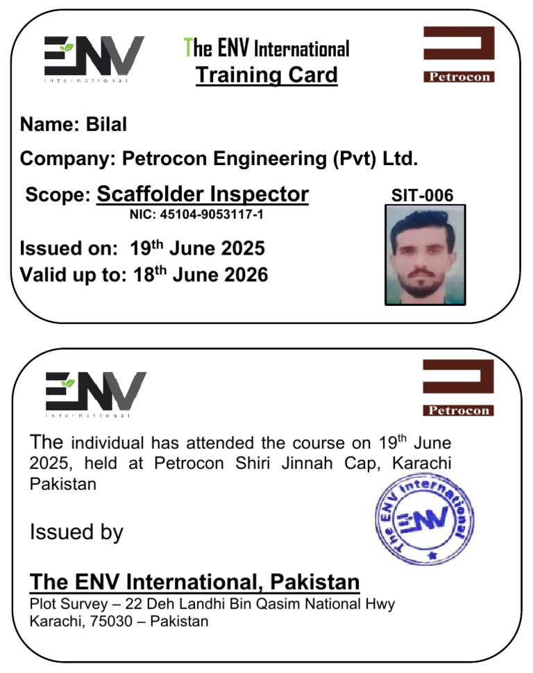 Bilal - Scaffolder-Petrocon(Training Card) | PDF
