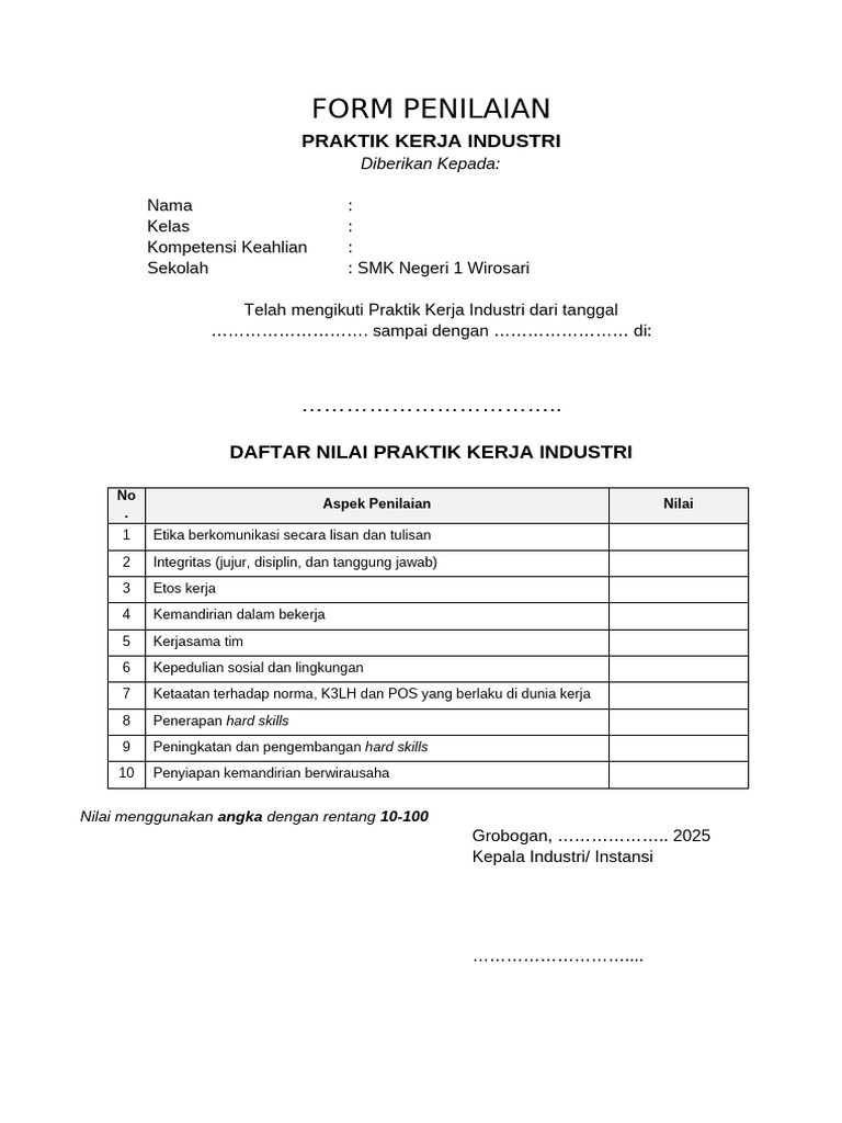 Form Penilaian Praktik Kerja Industri | PDF