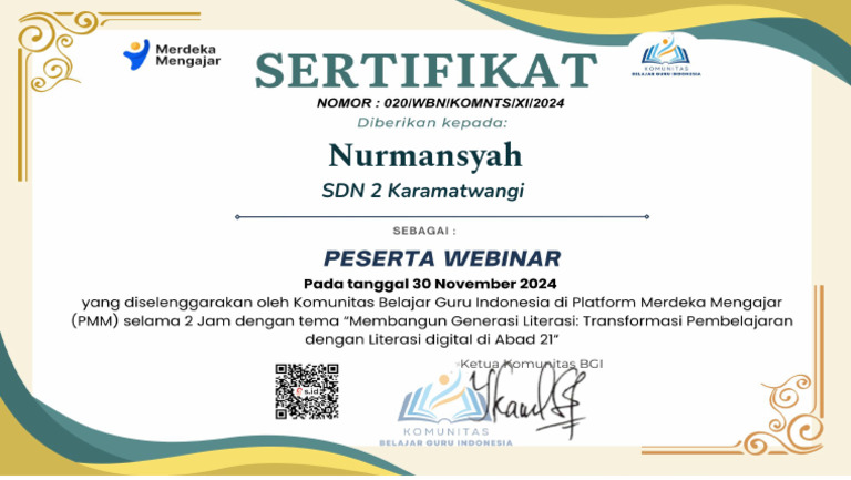 Sertifikat Nurmansyah Weinar Membangun Generasi Literasi Dengan ...