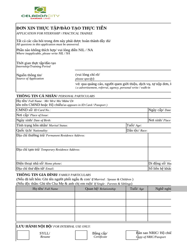 GLHCMC Job-Application-Form Internship Bilingual | PDF