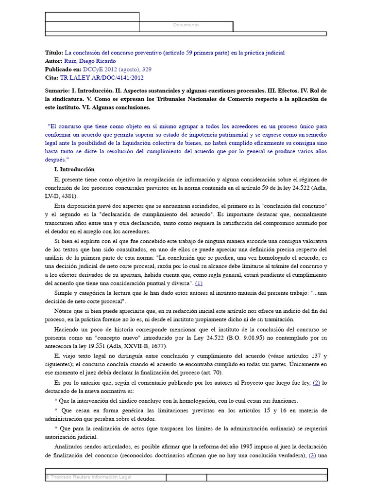 La Conclusión Del Concurso Preventivo (Artículo 59 Primera Parte) en La Práctica Judicial, Ruiz ...