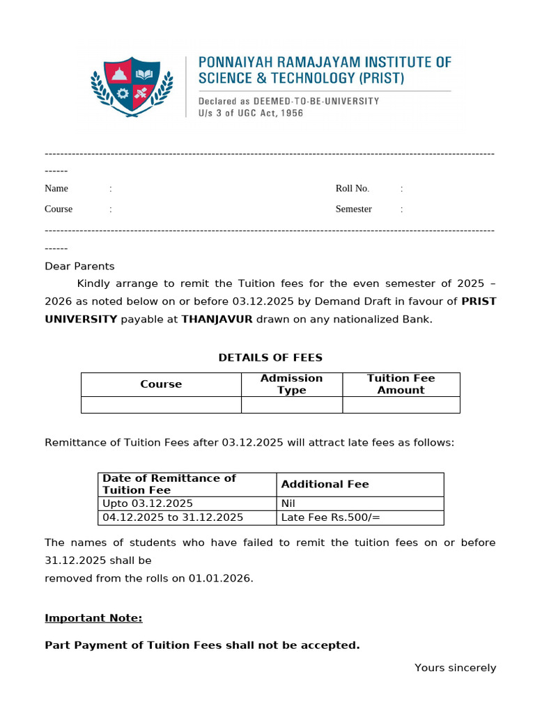 Tuition Fees Demand Letter For Even Semester 2025 - 2026 (Expect First ...