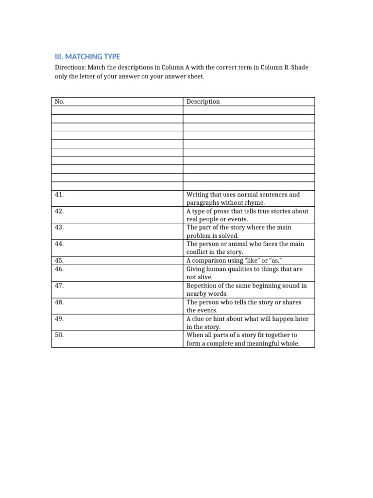 Grade7 Matching Type 41 To 50 | PDF